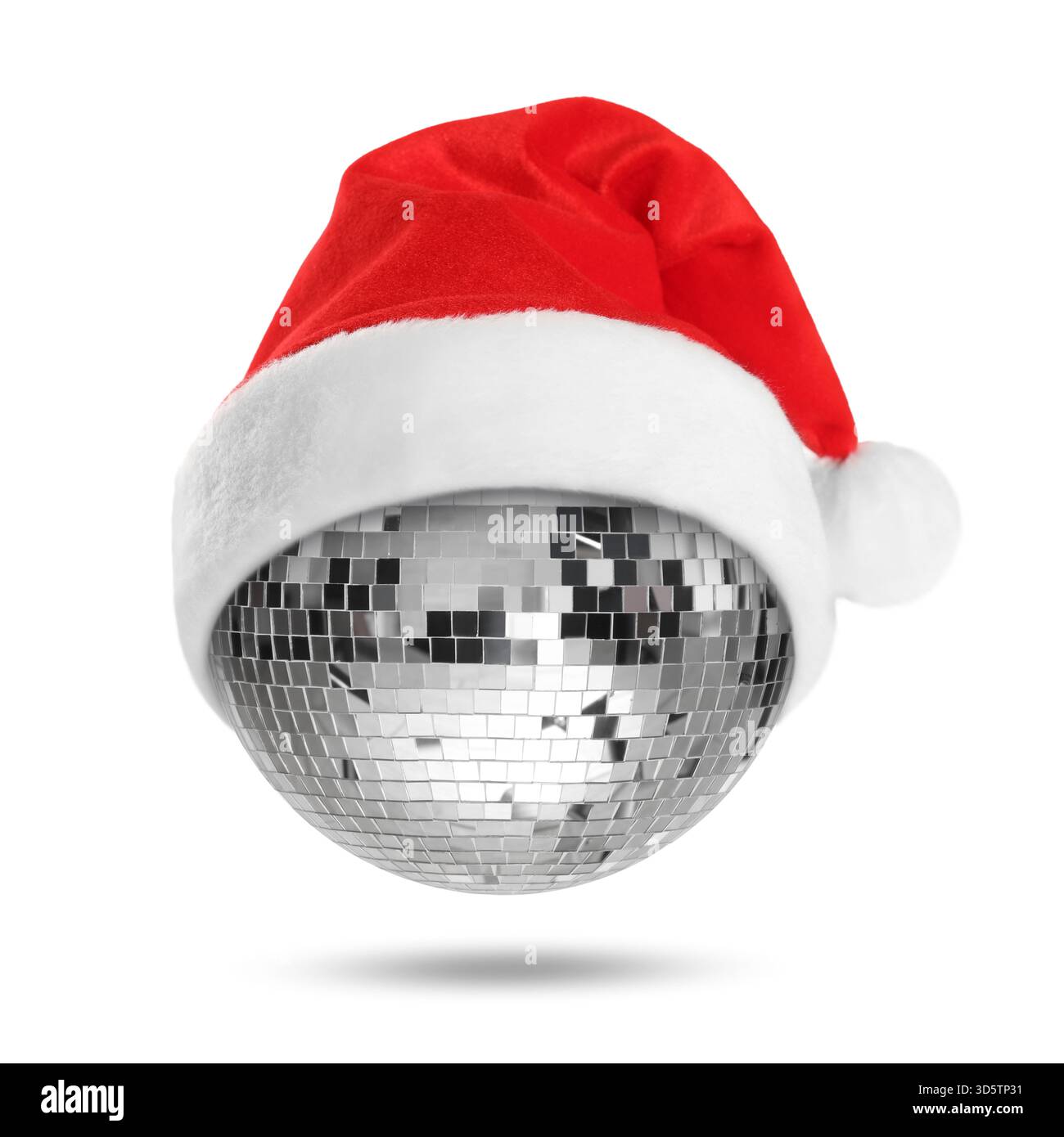 Disco ball with Santa hat in air on white background. Merry Christmas ...