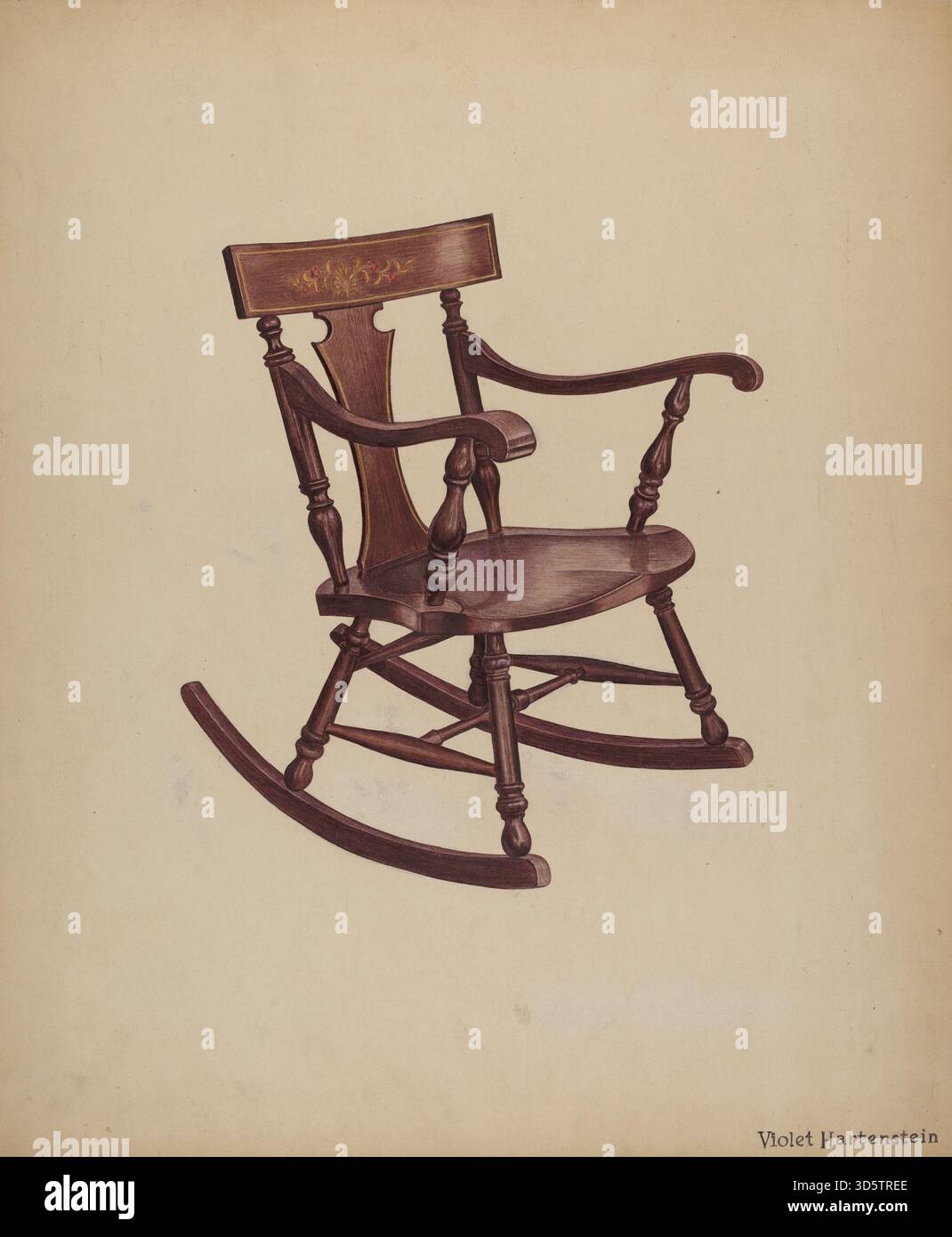 A circa 1940 wooden rocker by Violet Hartenstein, featuring a curved ...