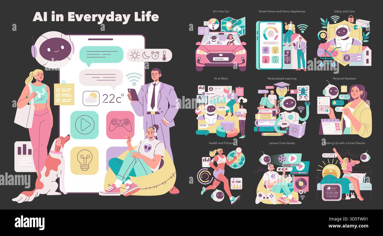 Vector illustration showcasing the integration of AI in daily ...