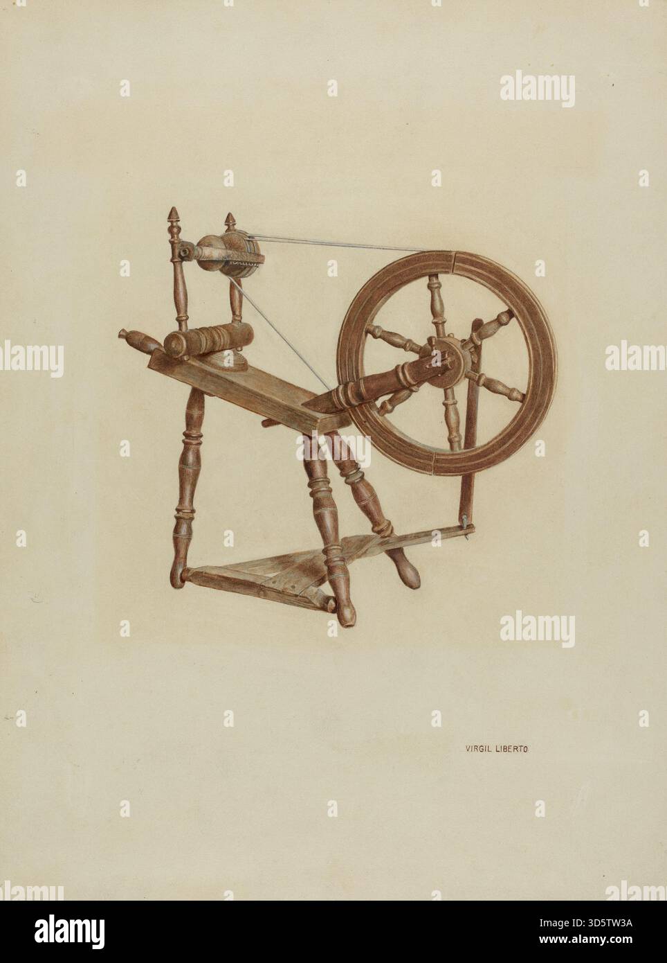 This c. 1939 spinning wheel by Virgil A. Liberto features a large wheel ...