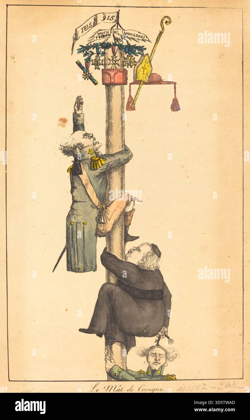 An 1815 French painting showing the traditional game of the greasy pole ...