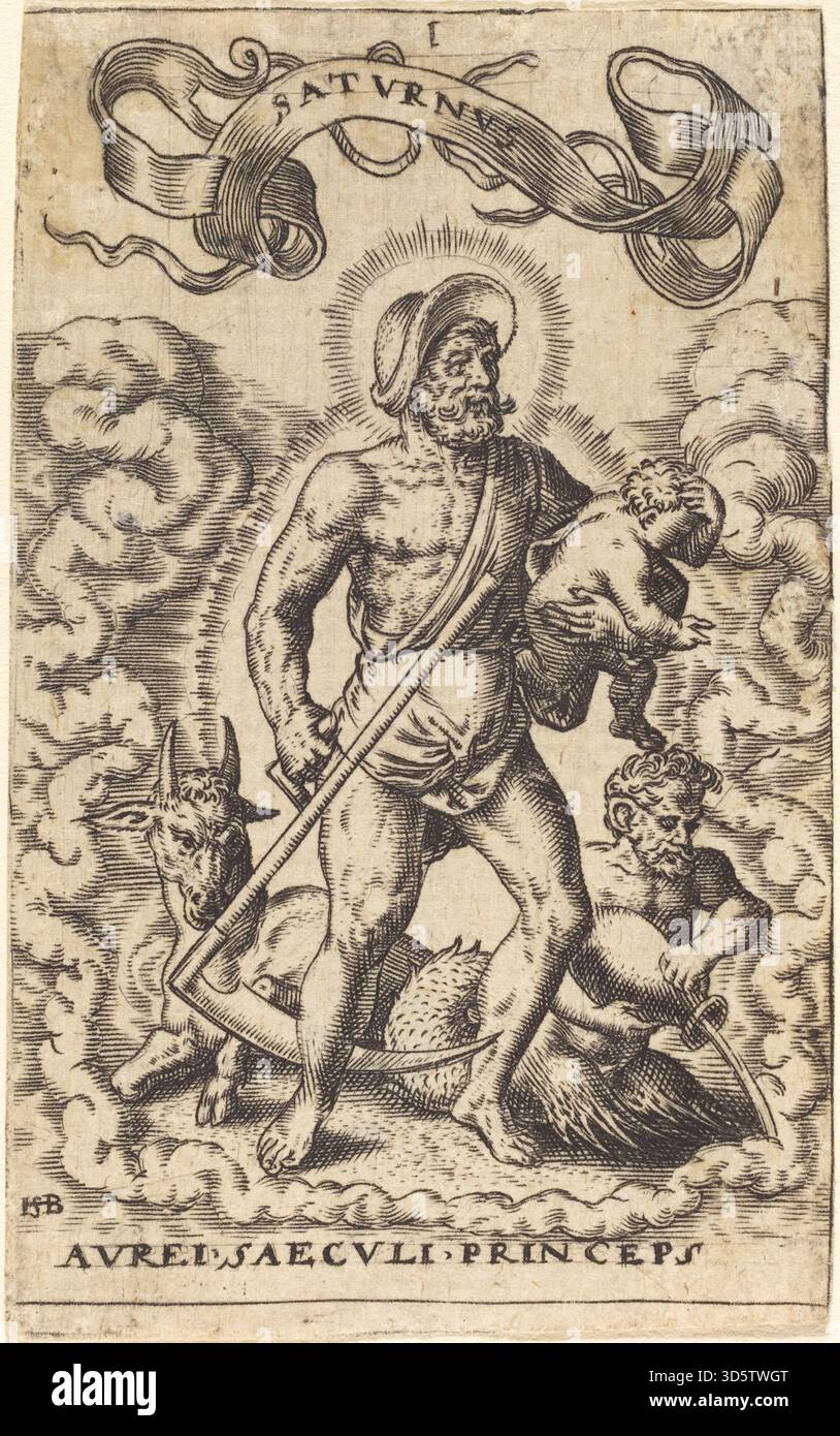 Depicts Saturn showing mythological attributes including wings, scythe ...