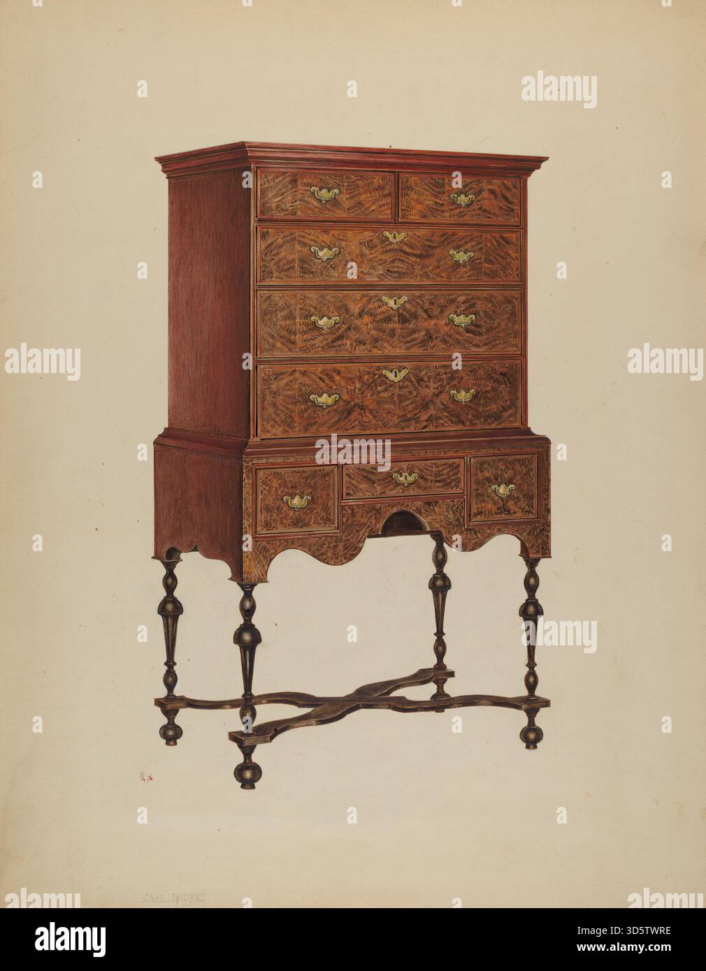 This c.1938 highboy by Charles Squires features a tall wooden structure ...