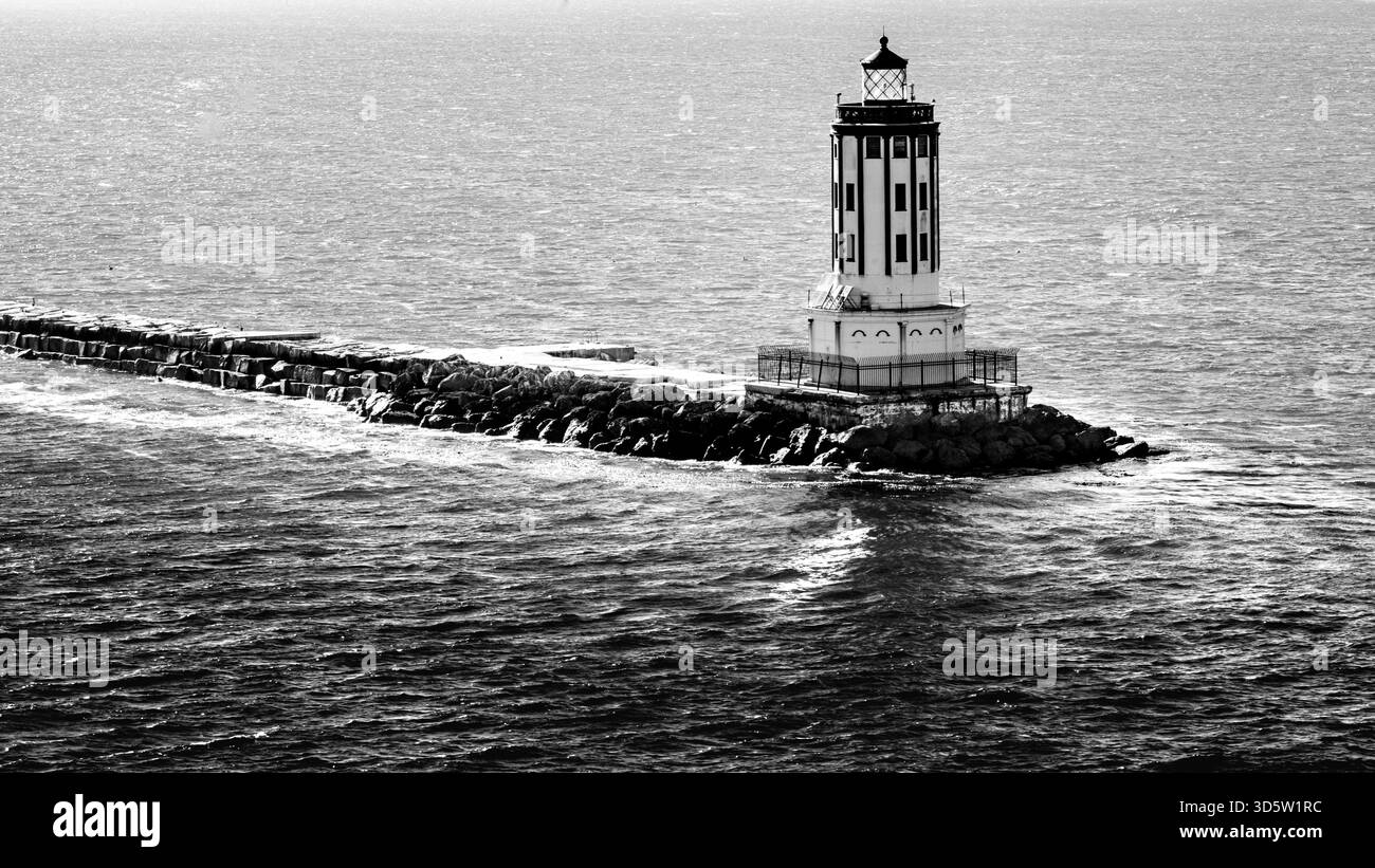 black and white image breakwater Lighthouse, Long Beach, Los Angeles ...