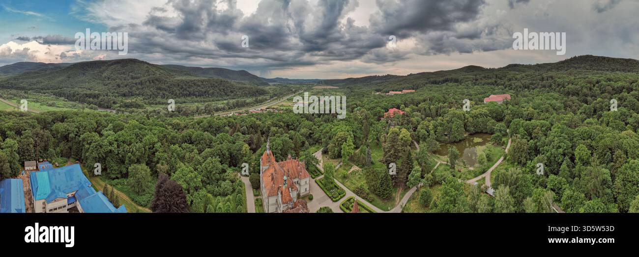 Aerial panorama drone view of medieval European palace of Counts ...