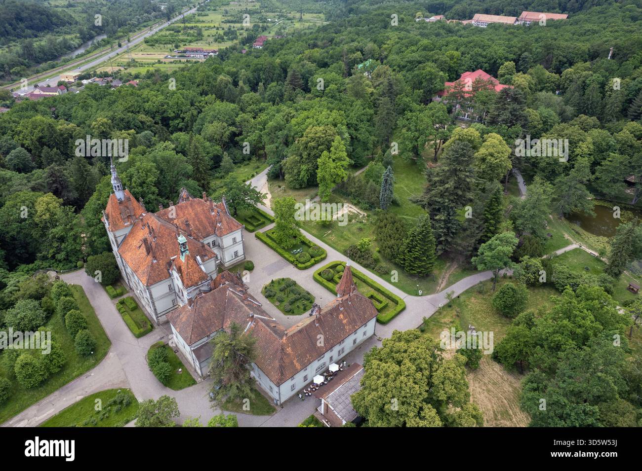 Aerial dropne view of medieval European palace of Counts Schonborn ...