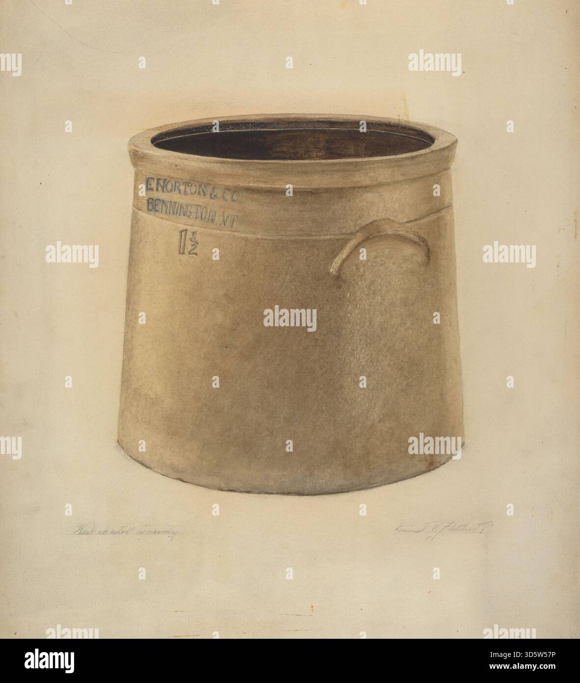 A circa 1938 crock by Daniel Fletcher showing ceramic material, rounded ...