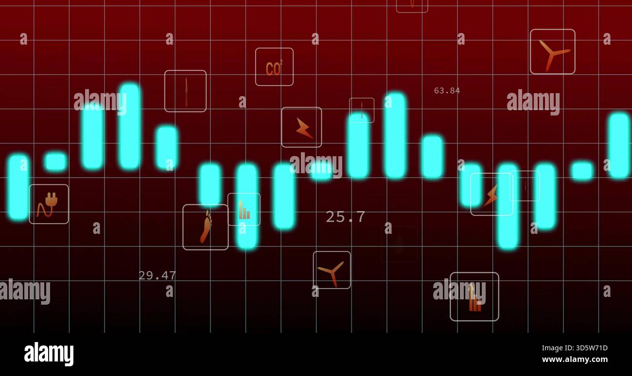 Displaying glowing cyan bars forming data series on dark red grid, with ...