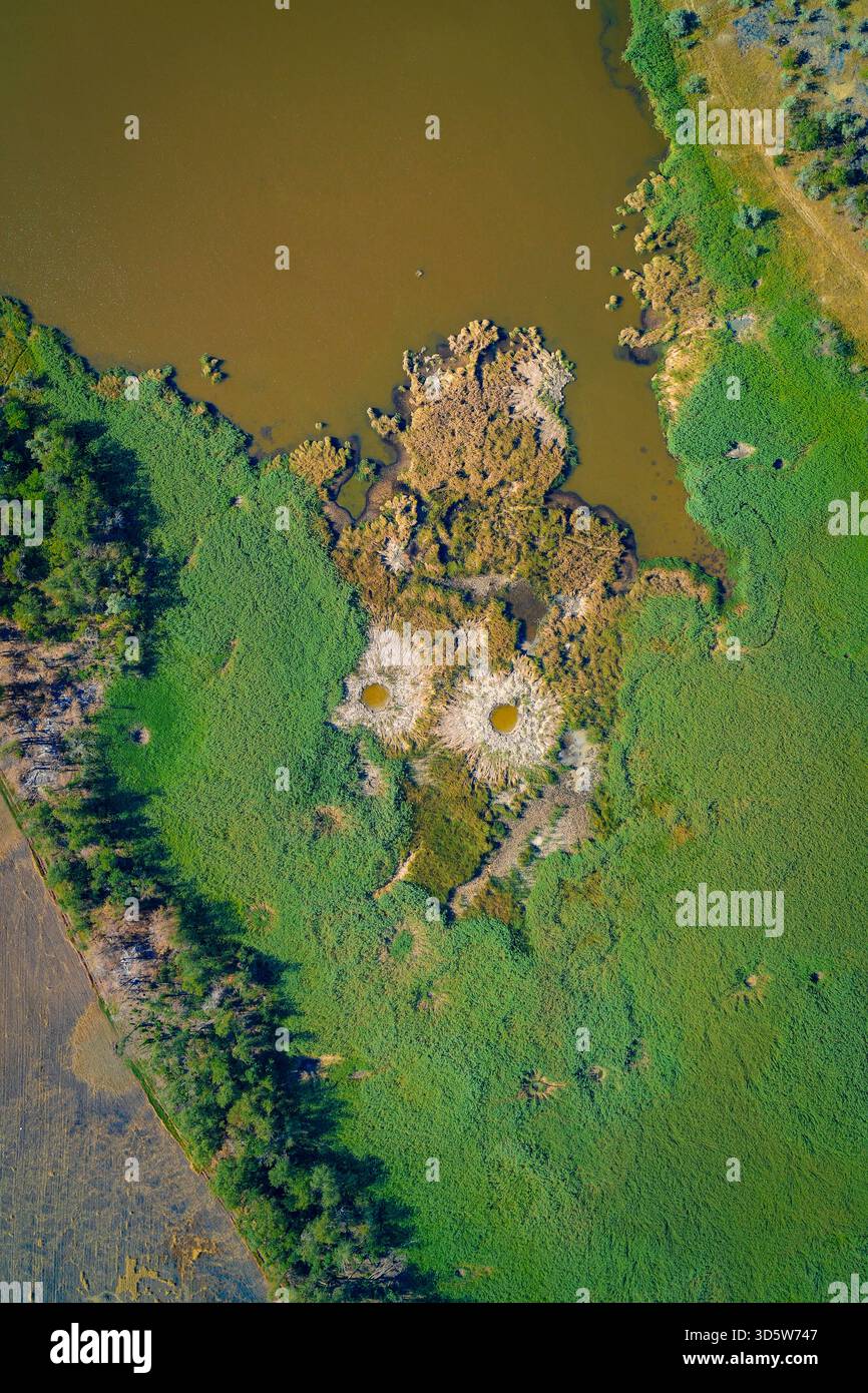 Vertical aerial photograph featuring two large, distinct shell impact ...