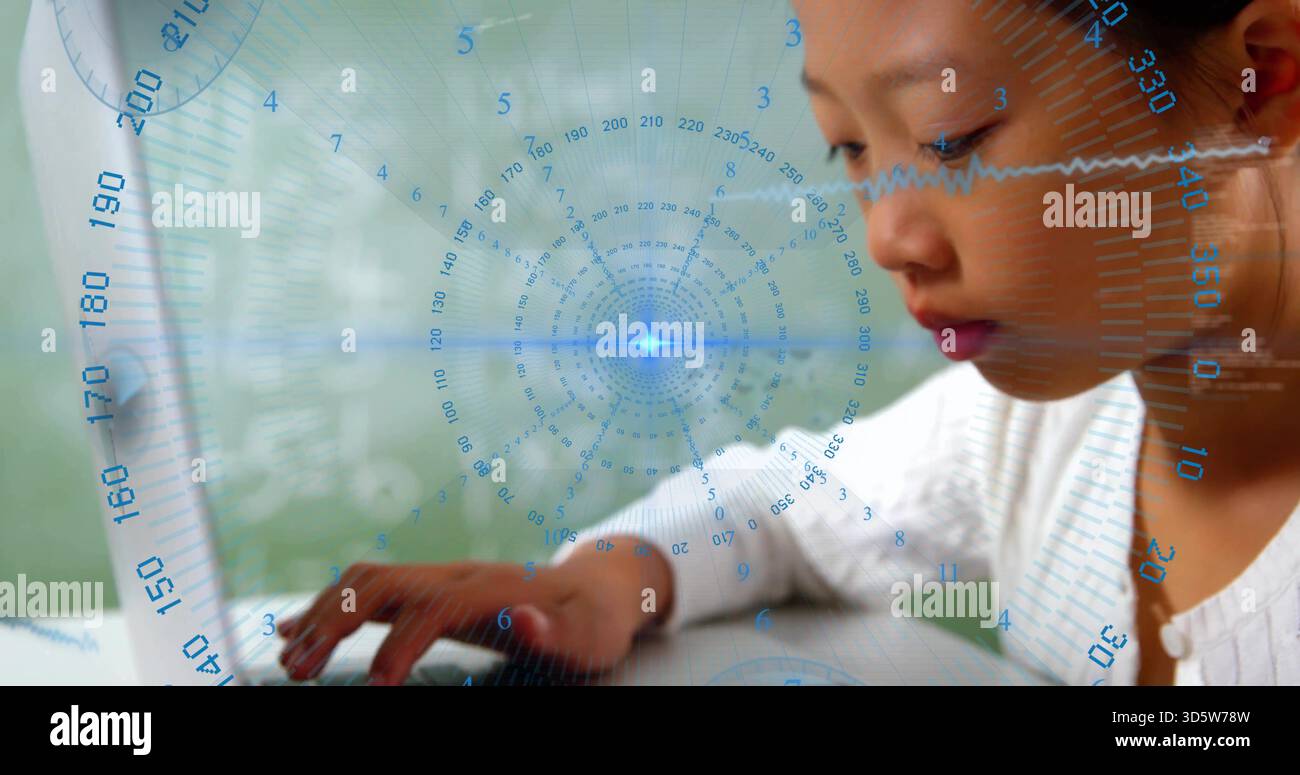 Typing child in white top leaning at study desk, touching laptop ...