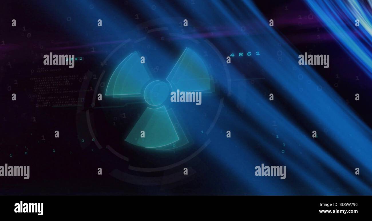 Pulsing glowing trefoil symbol orbiting amid HUD rings at digital ...