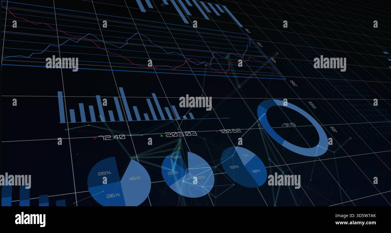 Displaying digital dashboard on tilted grid, showing bar and line ...