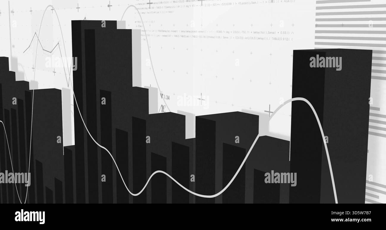 Displaying grayscale 3D bar chart centered at digital dashboard, with ...