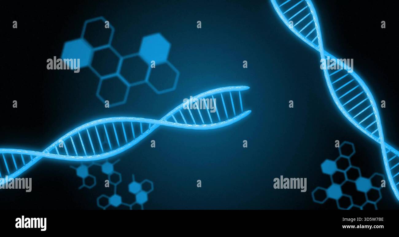 Showing glowing blue DNA double-helix strands spanning dark lab visual ...