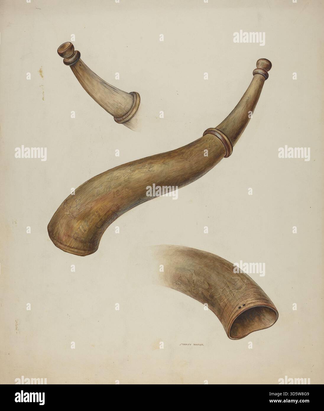 The hunting horn by Stanley Mazur, dated 1935 to 1942, is a brass wind ...