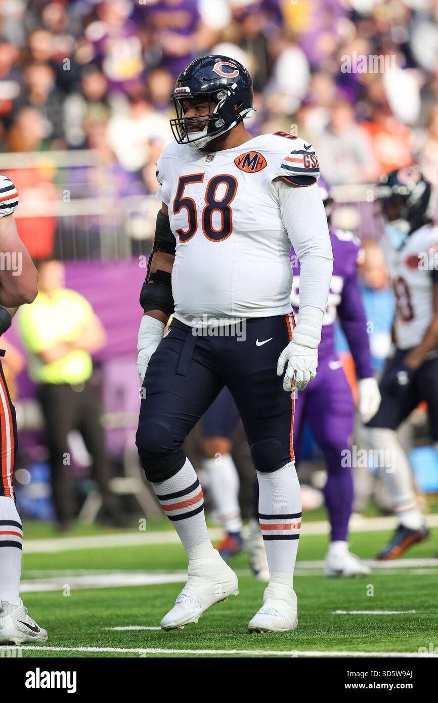 Chicago Bears offensive tackle Darnell Wright (58) stands on the field ...