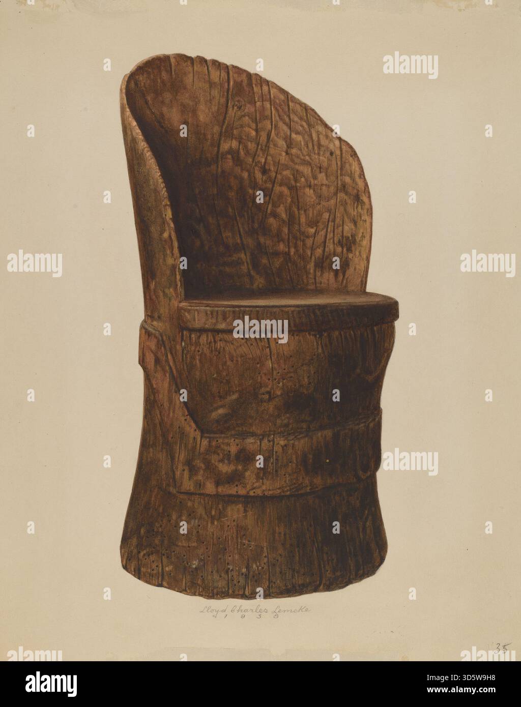Wooden log chair designed by Lloyd Charles Lemcke in 1938, featuring ...