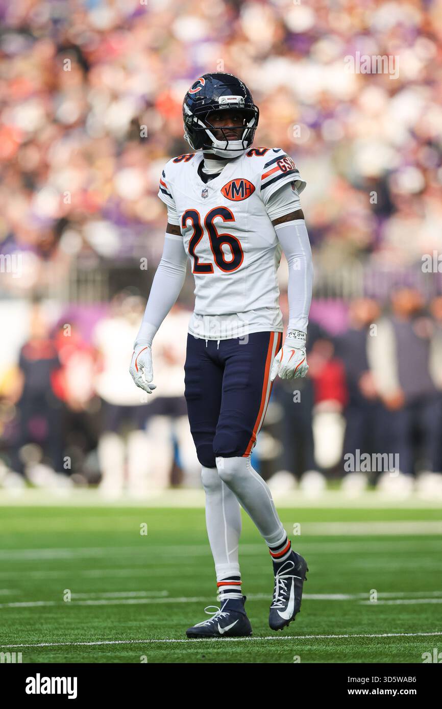 Chicago Bears cornerback Nahshon Wright (26) walks across the field ...