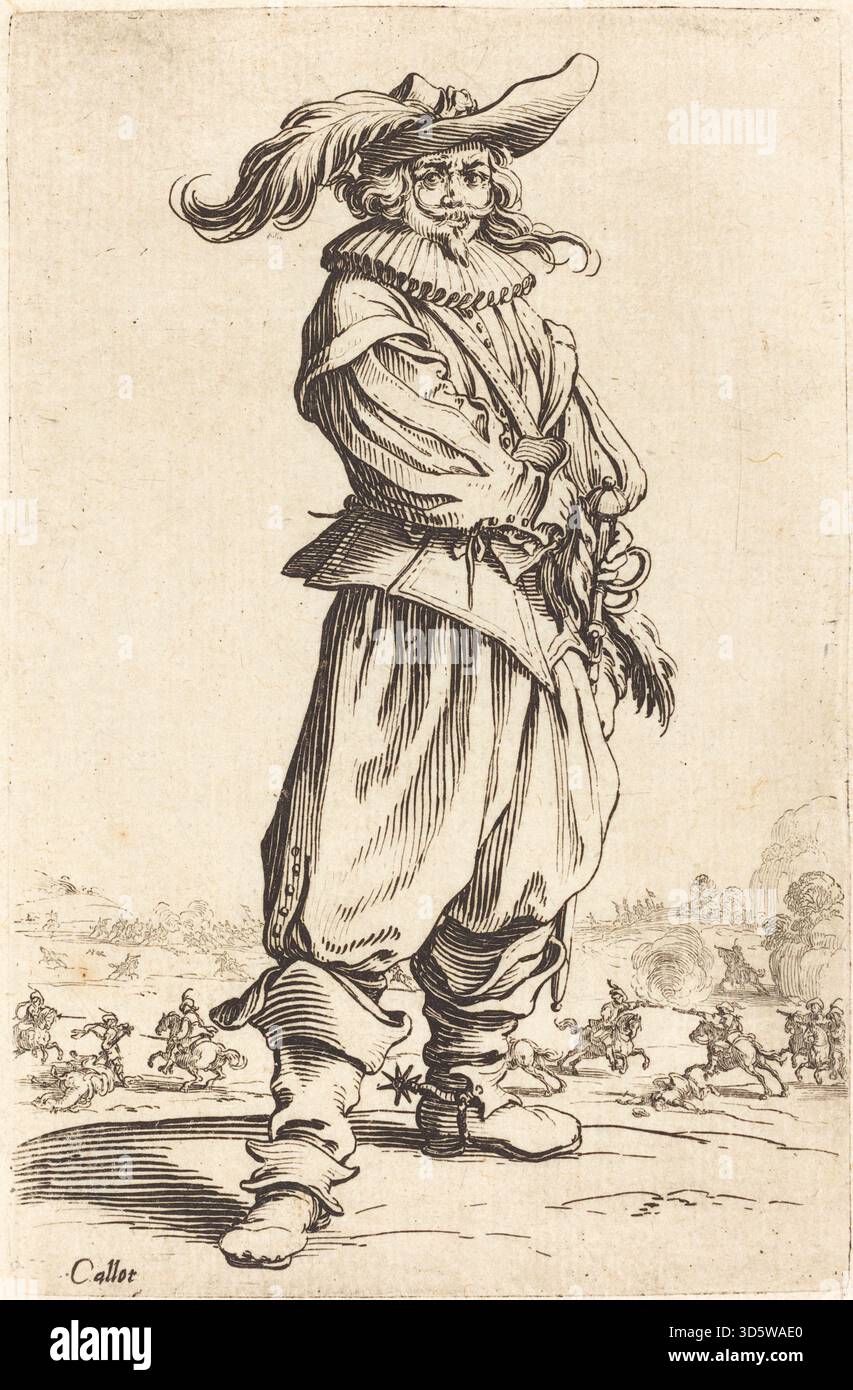 A detailed etching by Jacques Callot from 1620–1623 depicting a soldier ...