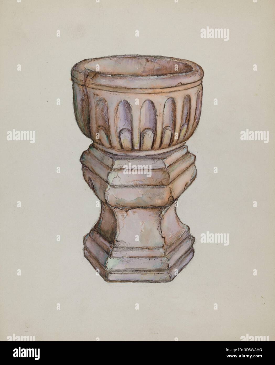 A stone baptismal font created by George Seideneck around 1936, showing ...