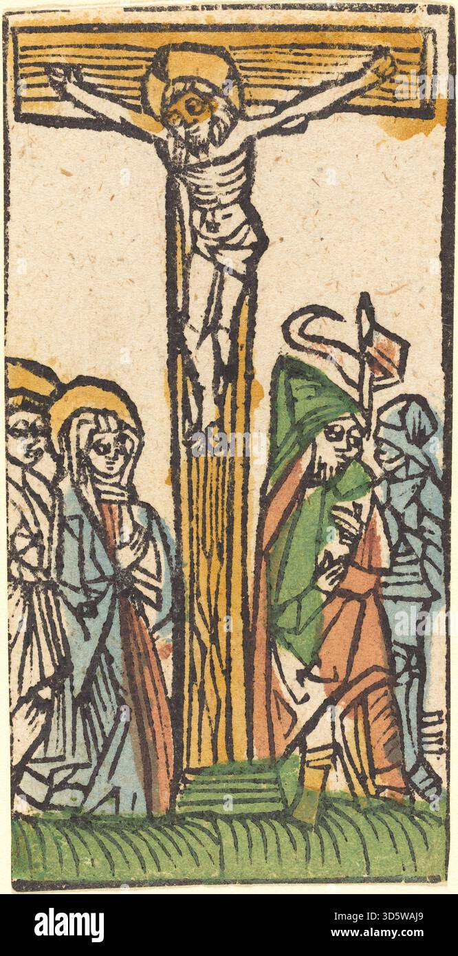 This artwork depicts Christ crucified on the cross, surrounded by ...