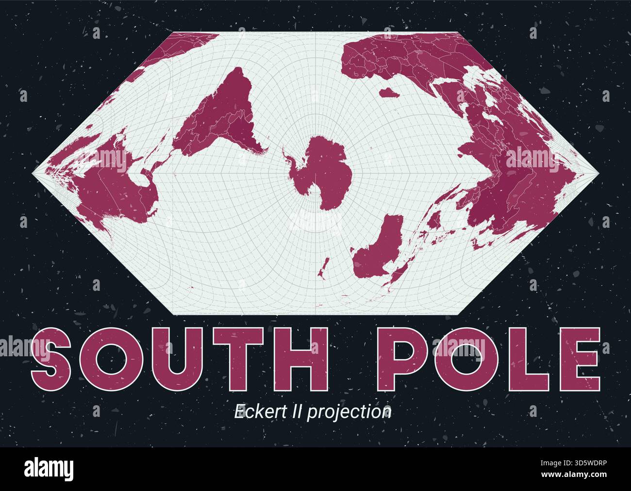 South Pole. World map. Eckert II projection centered to South Pole ...