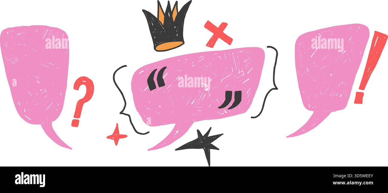 Funky pink speech bubbles with punctuation marks. Hand drawn crayon ...
