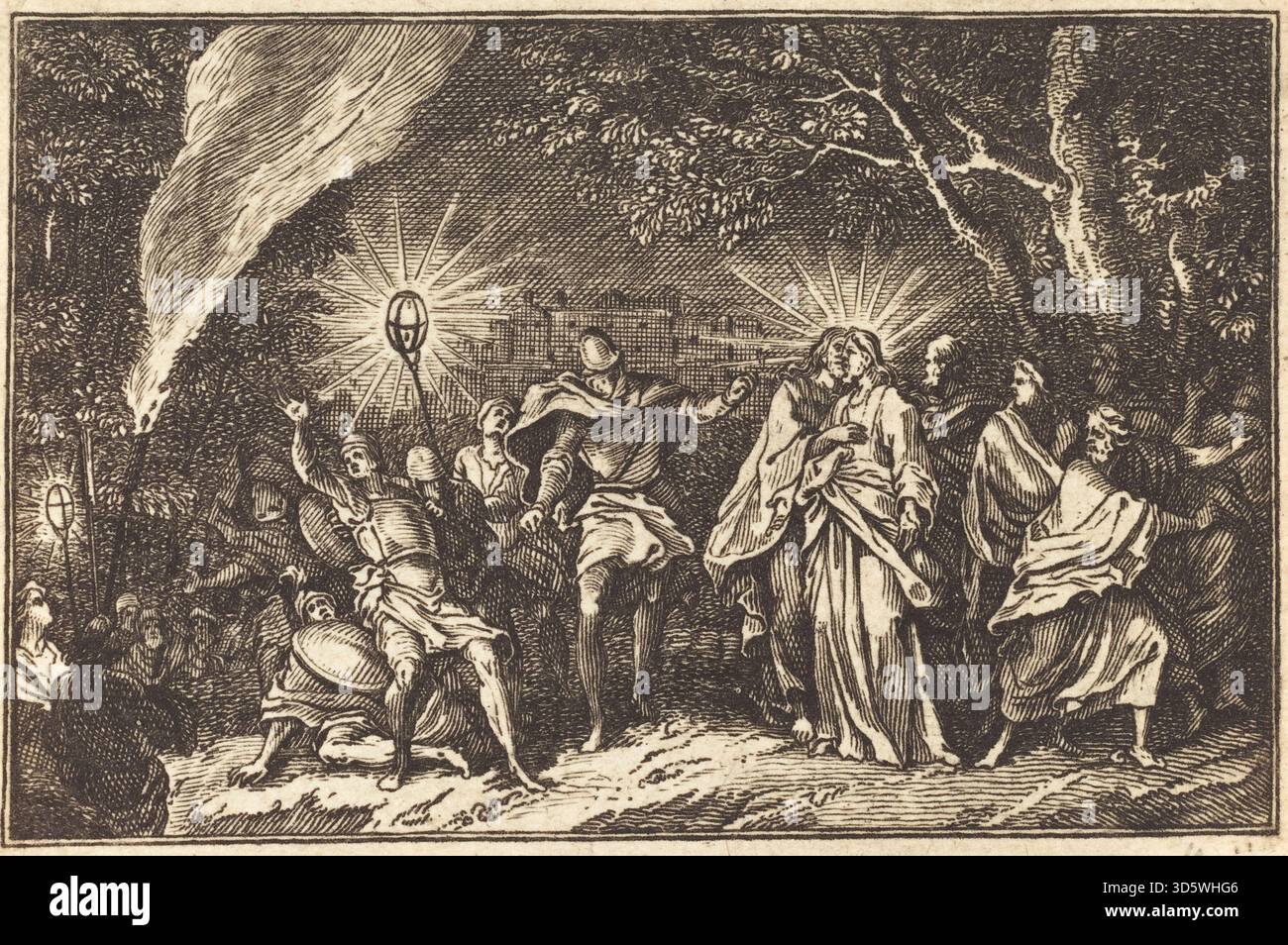 This engraving portrays Judas Iscariot betraying Jesus with a kiss ...