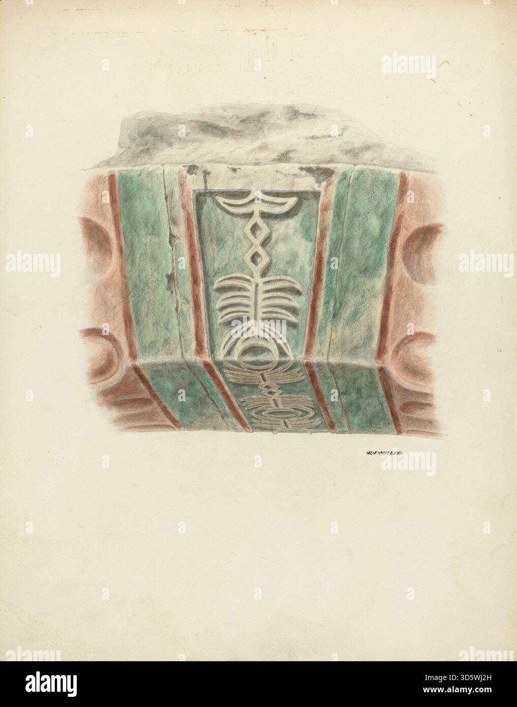 Carved and painted keystone, 1939, by Randolph F. Miller, depicts a ...