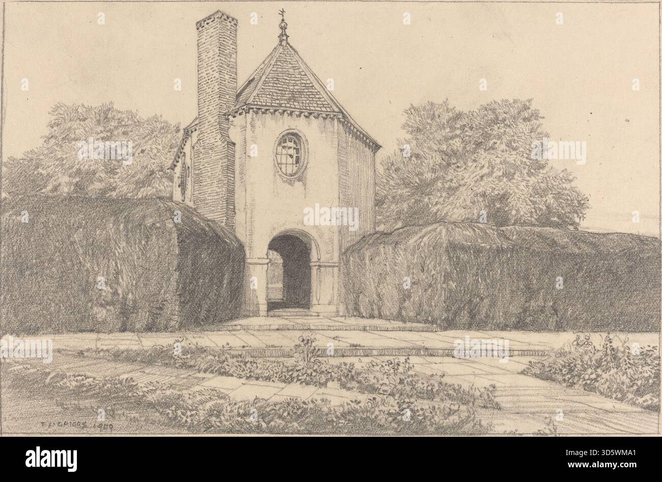 A 1909 etching by FL Griggs depicting a garden house, showing ...