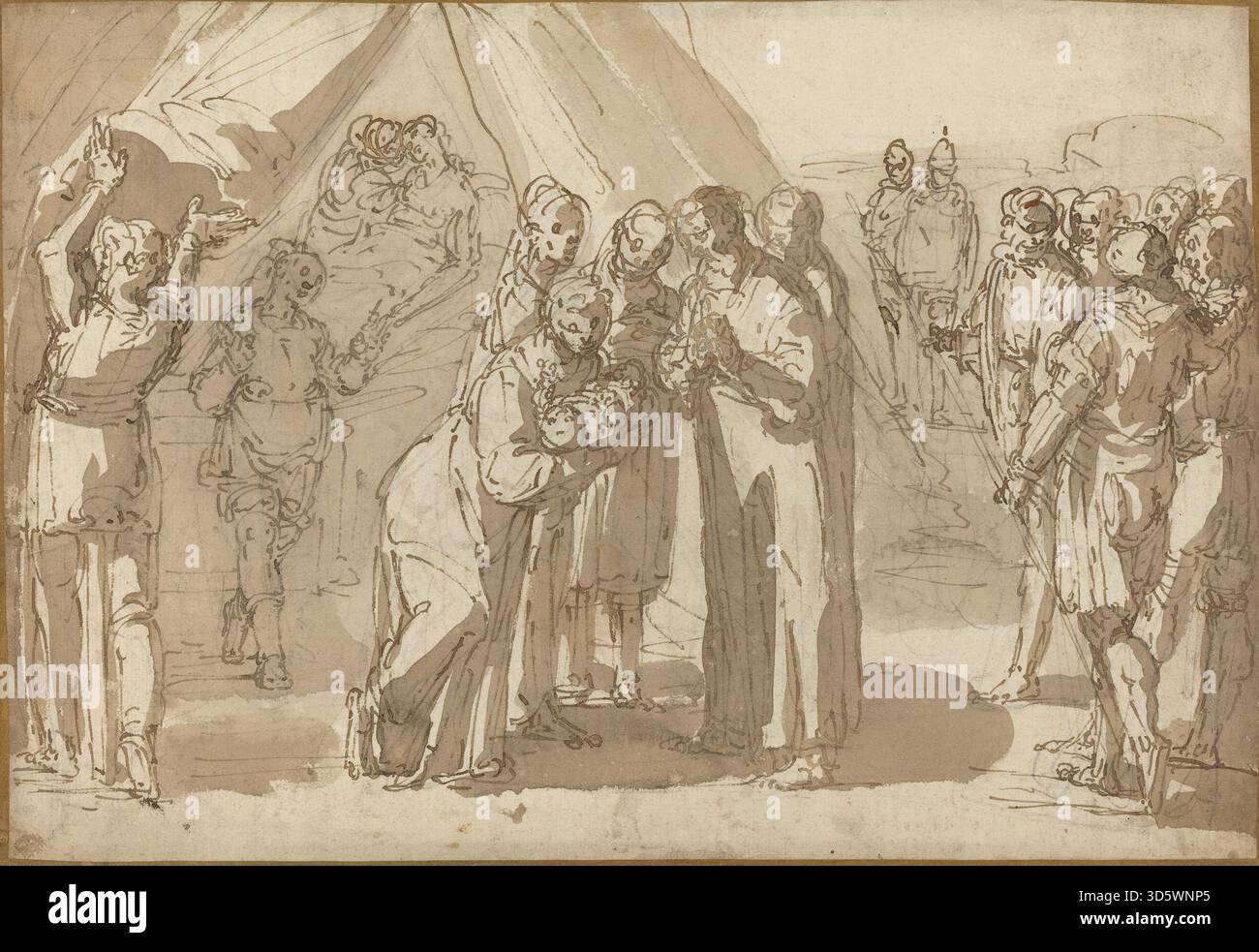 Painting by Giulio Benso depicting a birth scene, showing mother, child ...
