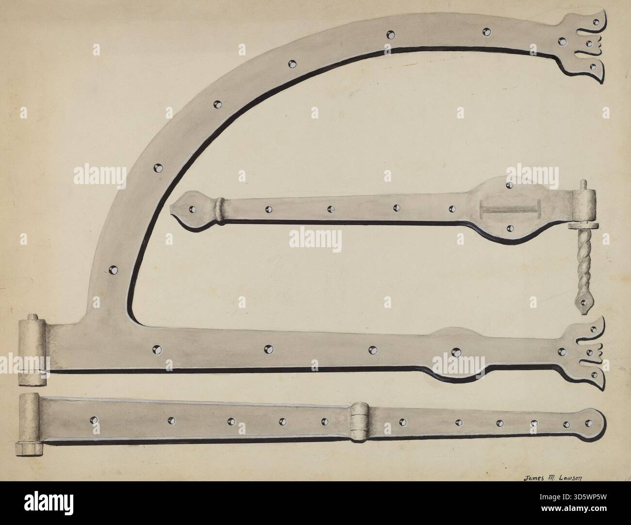 These 1936 door hinges by James M Lawson are metal hardware pieces ...