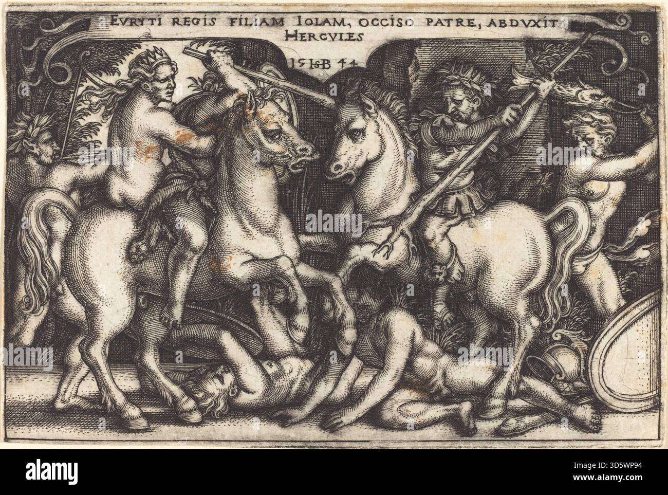1544 engraving by Sebald Beham showing Hercules with Iole, mythological ...