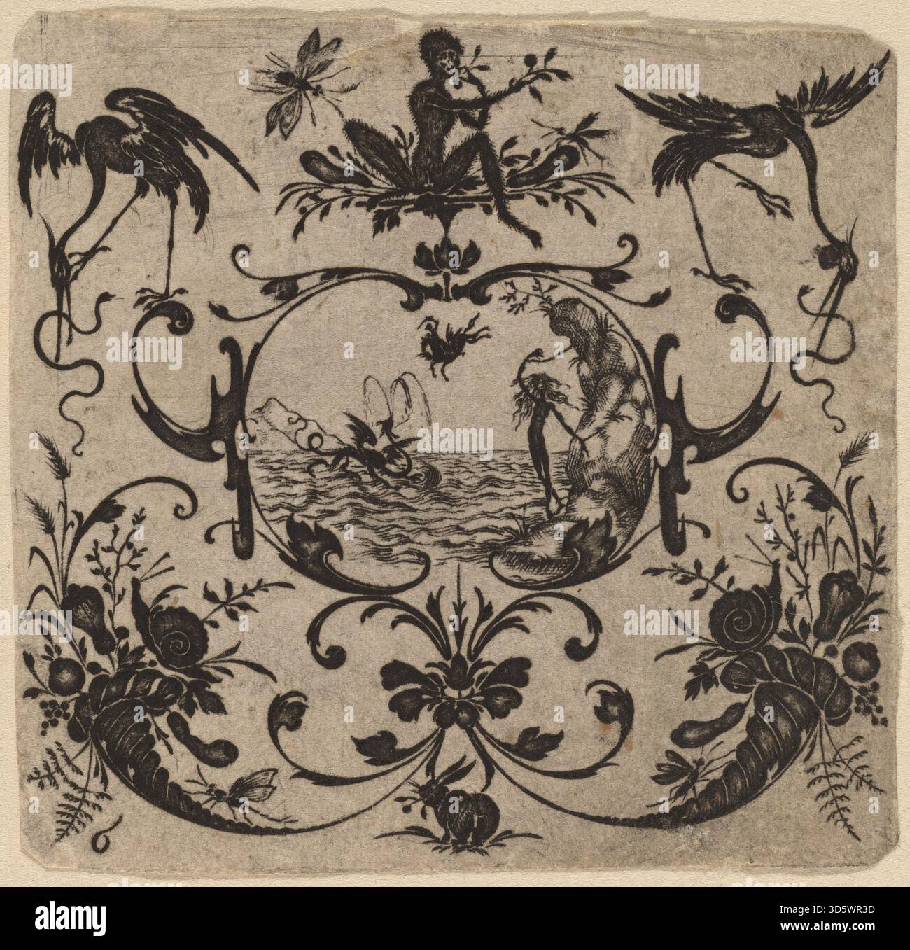 This ornamental design features grotesque motifs, including fantastical ...
