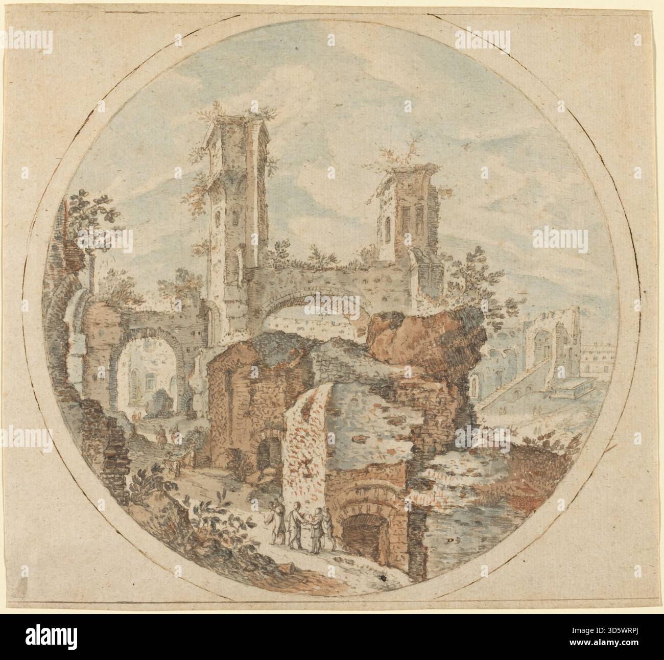 The painting depicts travellers walking through Roman ruins, showing ...
