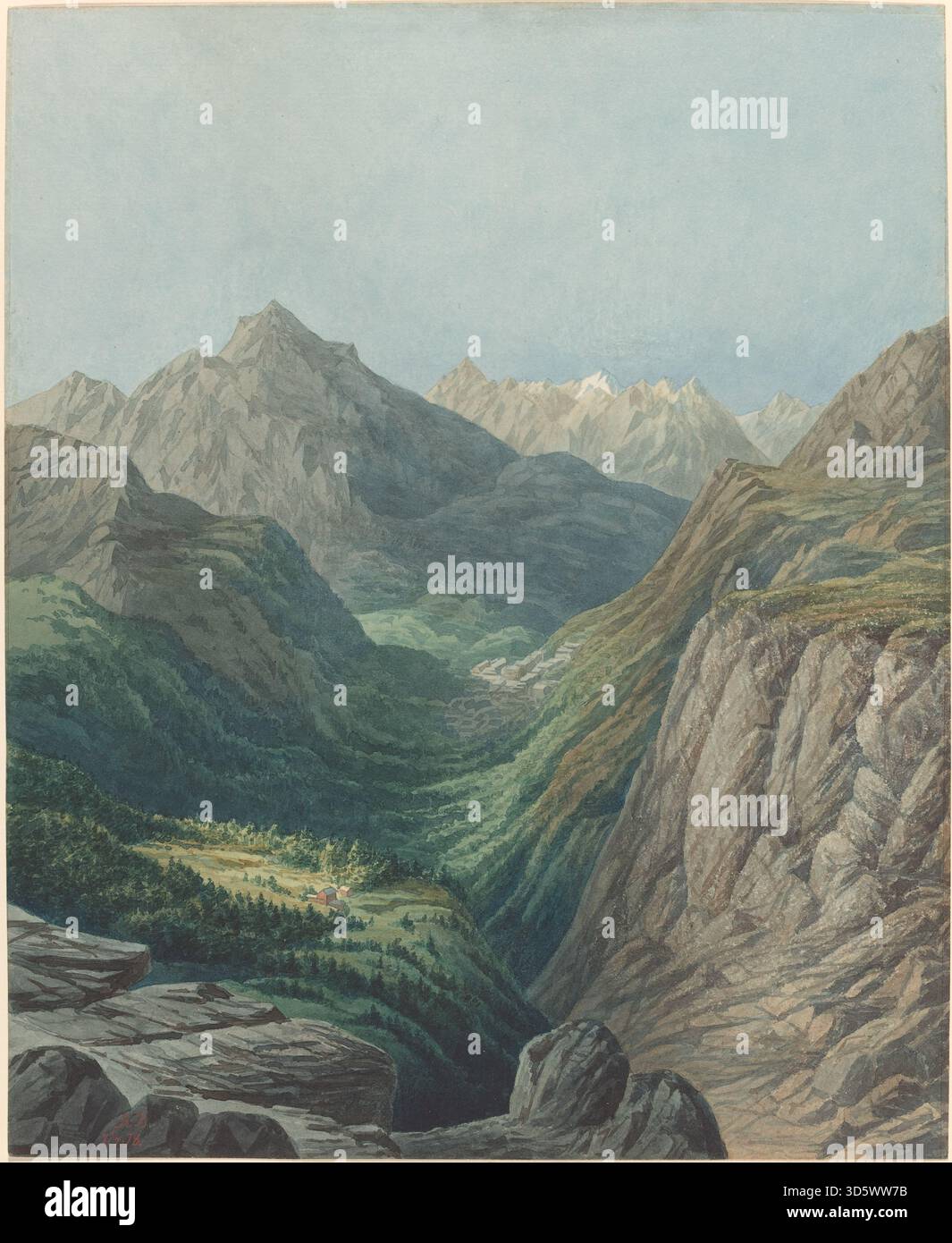 This engraving depicts an alpine valley with mountains, forests, and a ...