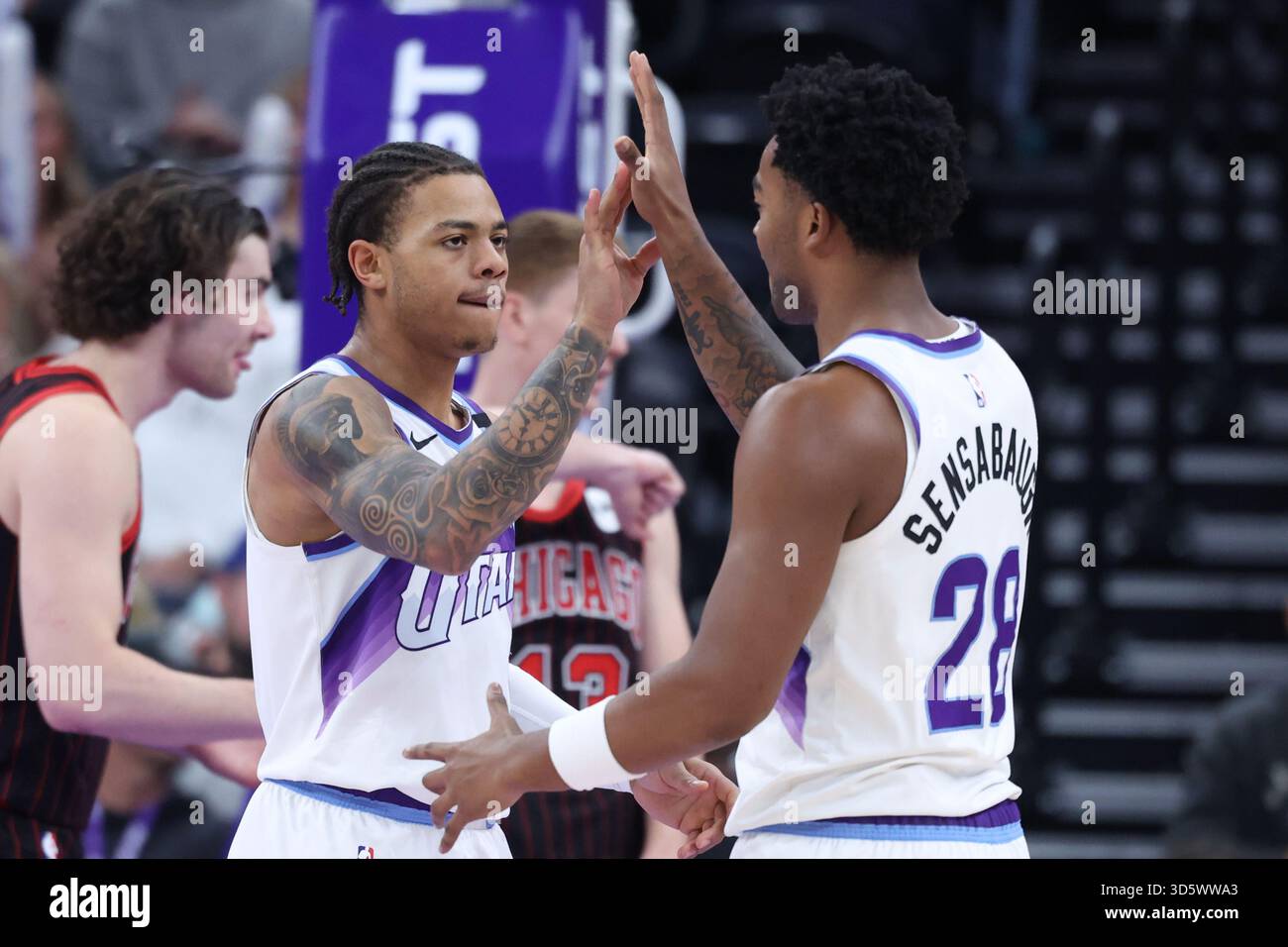 Utah Jazz guard Keyonte George, left and forward Brice Sensabaugh ...