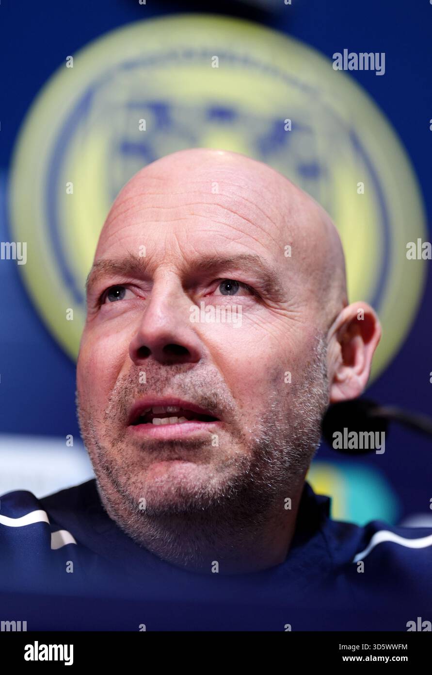 Denmark manager Brian Riemer during a press conference at Hampden Park ...