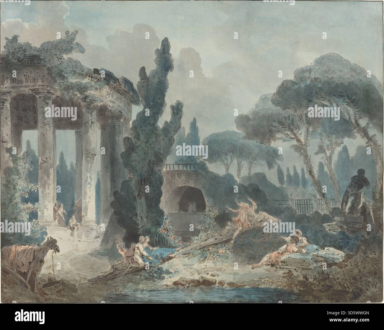 The Seesaw, in the style of Hubert Robert, depicts children playing on ...