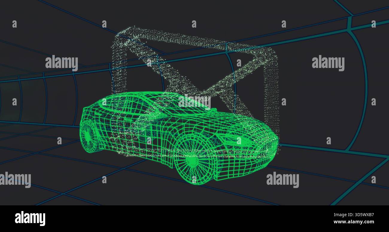 Rotating neon-green wireframe car model being scanned inside virtual ...