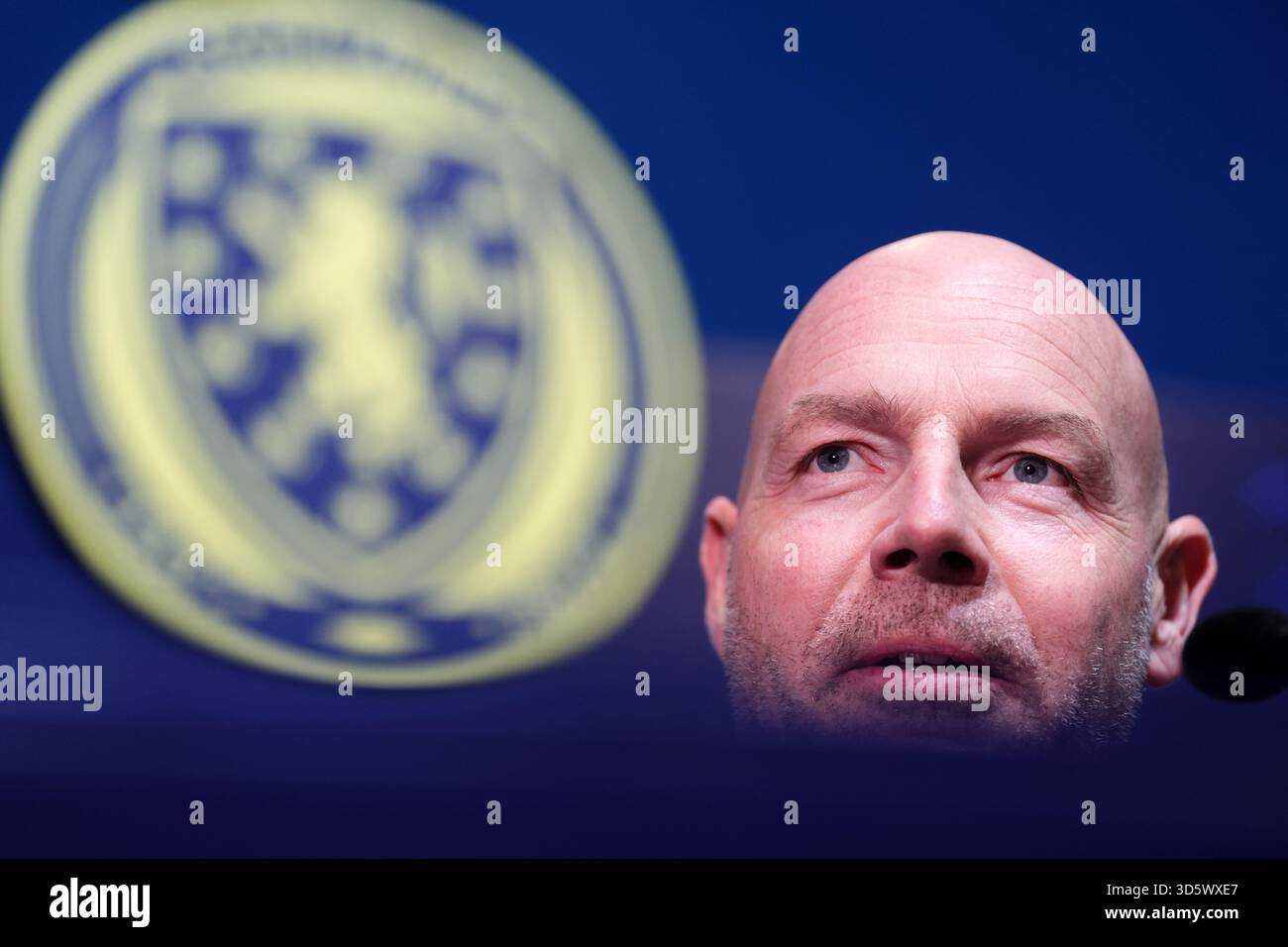 Denmark manager Brian Riemer during a press conference at Hampden Park ...