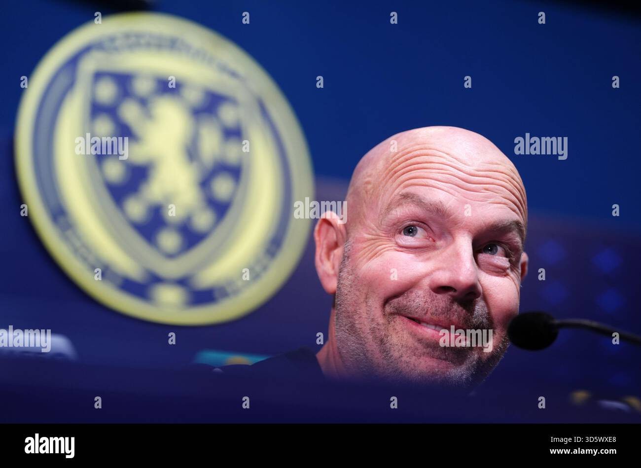 Denmark manager Brian Riemer during a press conference at Hampden Park ...