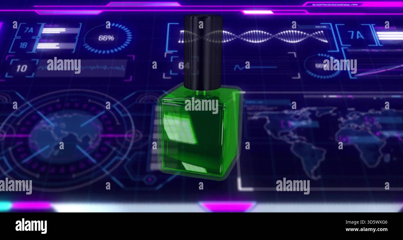Floating green square glass bottle with black ribbed cap above lab ...
