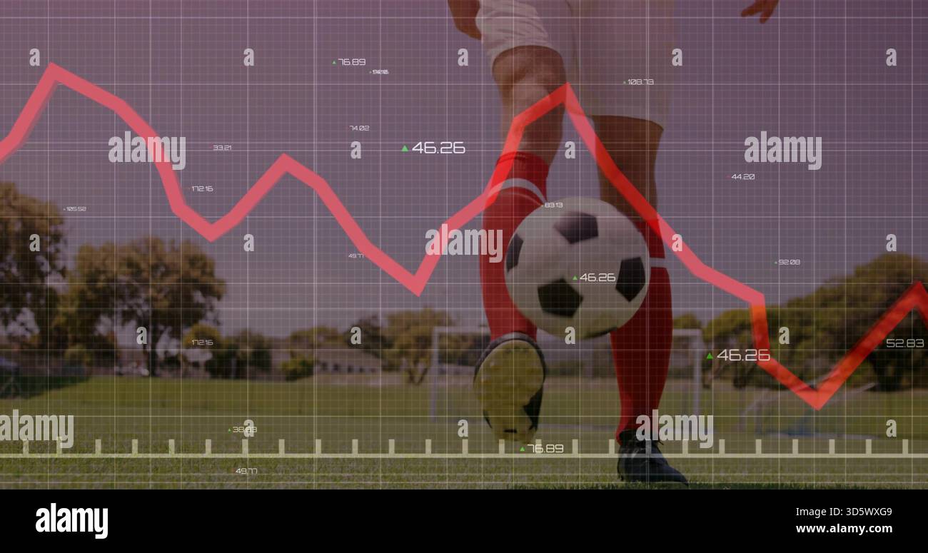 Kicking male soccer player in sportswear trapping ball on grass field ...
