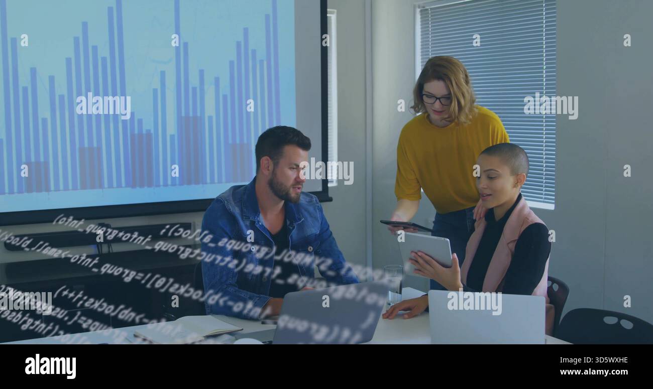 Discussing three colleagues reviewing bar chart at office meeting room ...