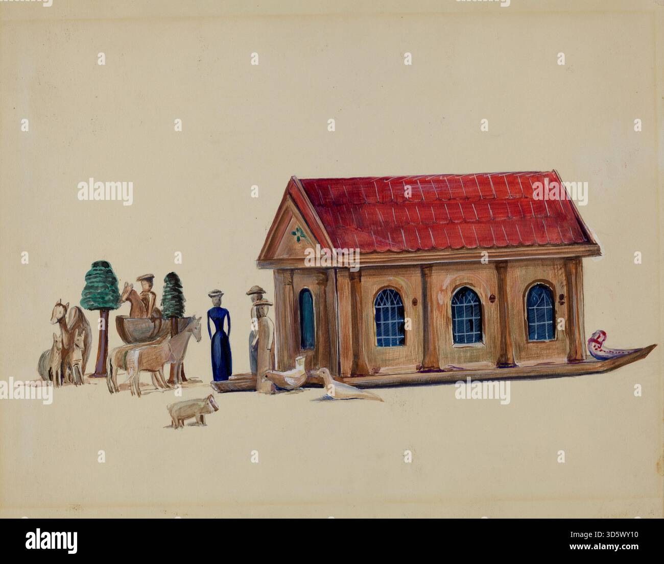 A 1936 artwork by Mina Lowry depicting Noah's Ark with animals ...