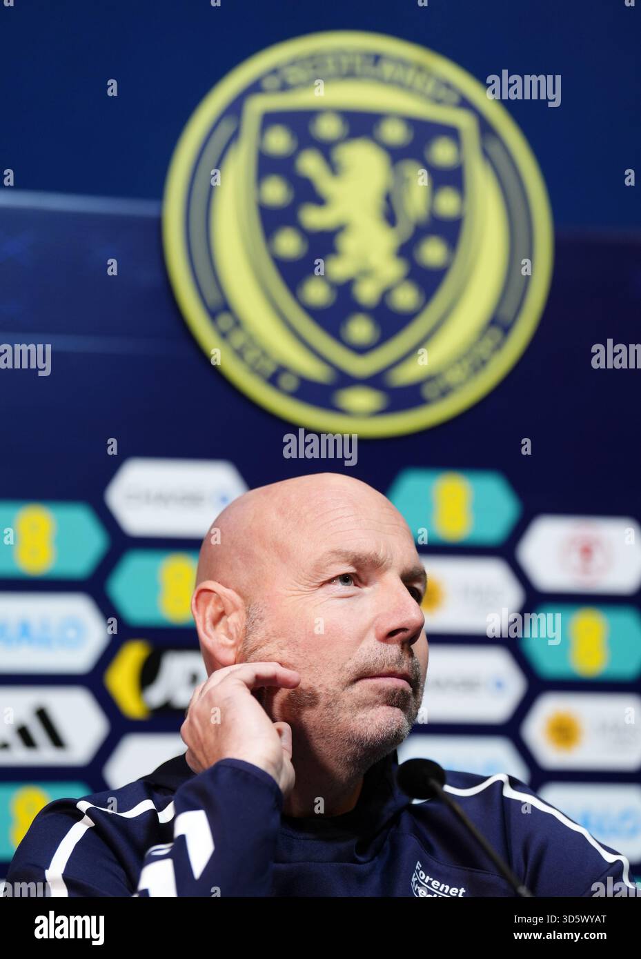 Denmark manager Brian Riemer during a press conference at Hampden Park ...