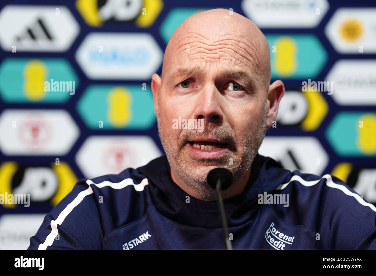 Denmark manager Brian Riemer during a press conference at Hampden Park ...