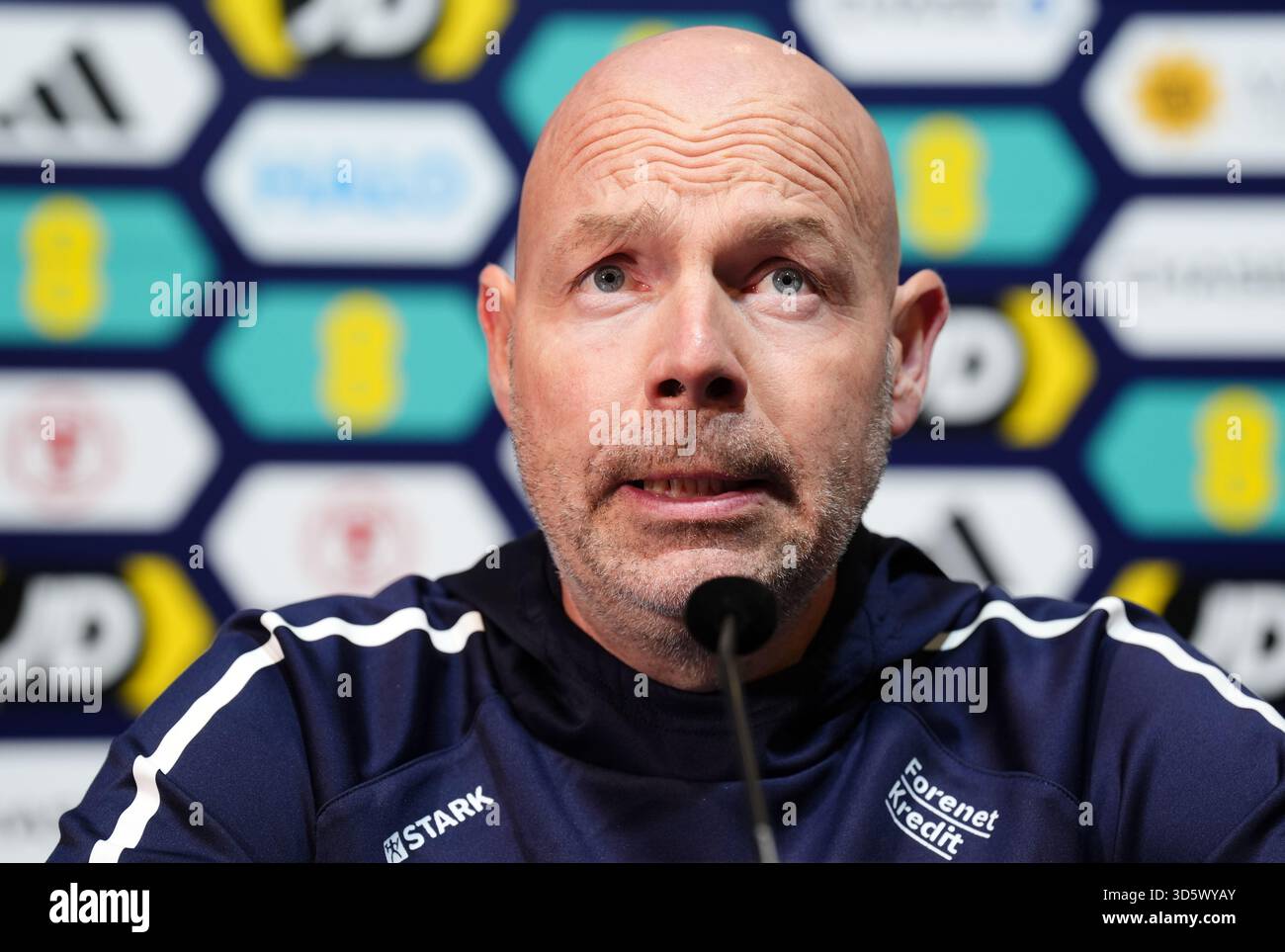 Denmark manager Brian Riemer during a press conference at Hampden Park ...