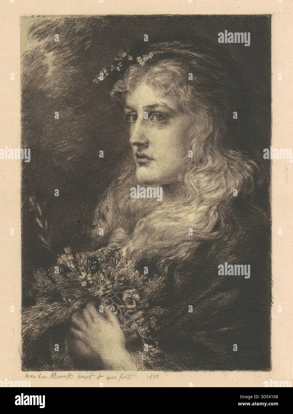 Anna Lea Merritt’s 1880 etching and aquatint depicts Ophelia. The ...